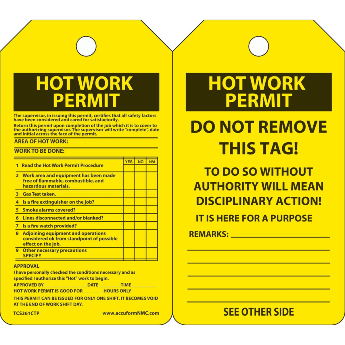ACCUFORM NMC HOT WORK PERMIT SAFETY INSPECTION TAG