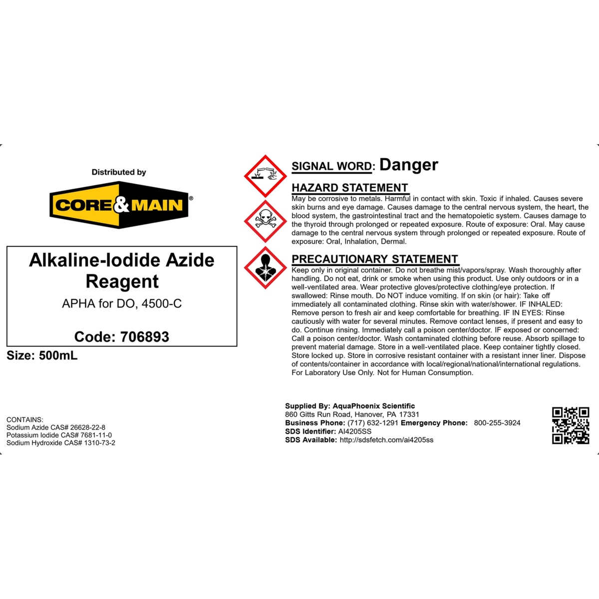 Core & Main Alkaline-Iodide Azide Reagent, 500 mL