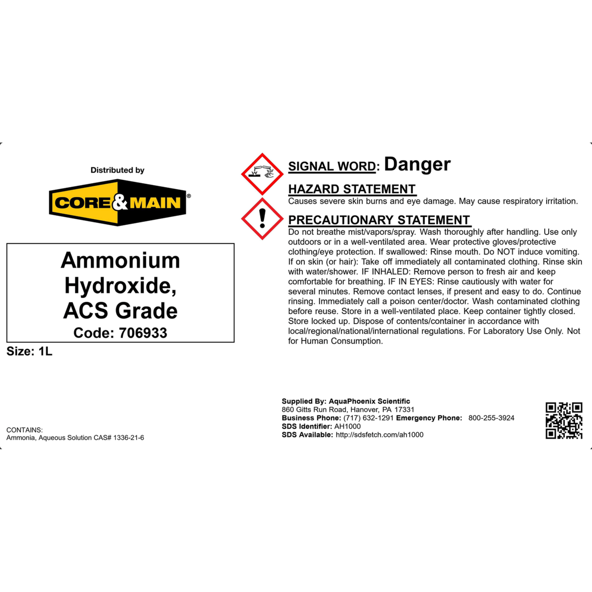 Core & Main Ammonium Hydroxide, ACS Grade, 1 L